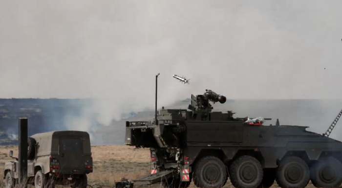 Javelin Anti-Tank Missile fired from British Army BOXER Vehicle